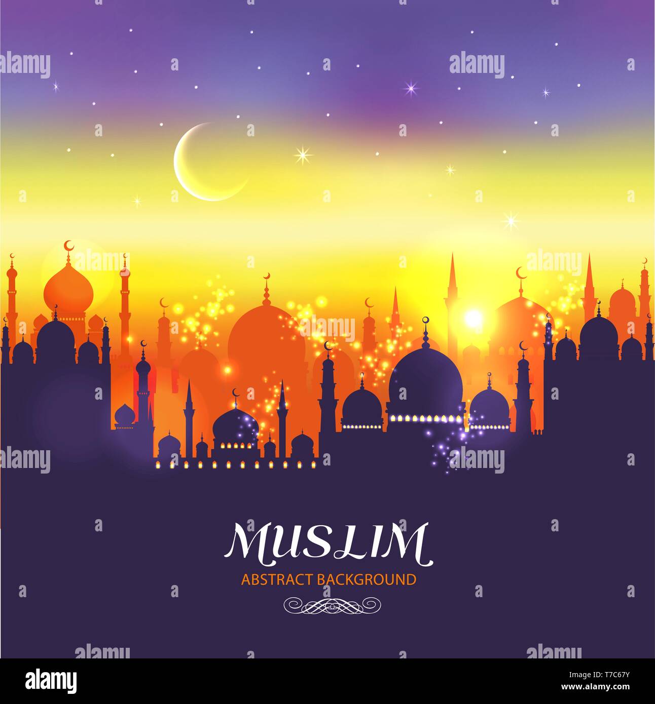 Muslim abstract greeting card. Islamic vector illustration at sunset ...