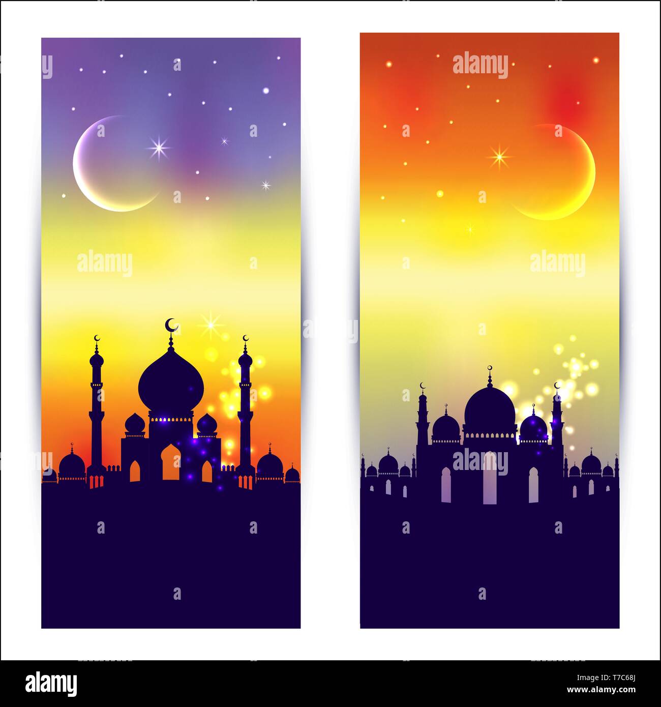 Muslim abstract greeting banners. Islamic vector illustration at sunset ...
