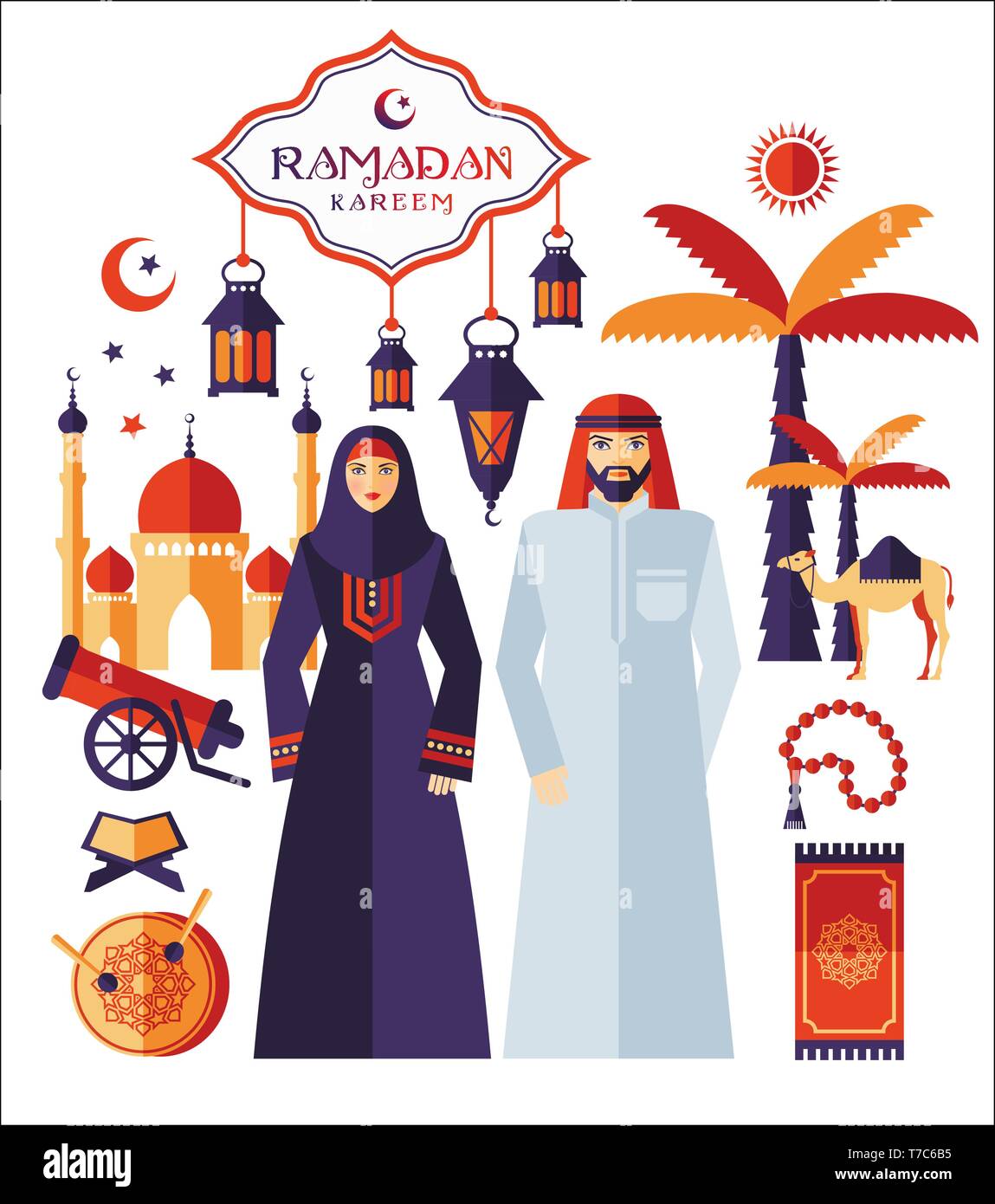 Ramadan Kareem icons set of Arabian. Flat design Stock Vector Image ...