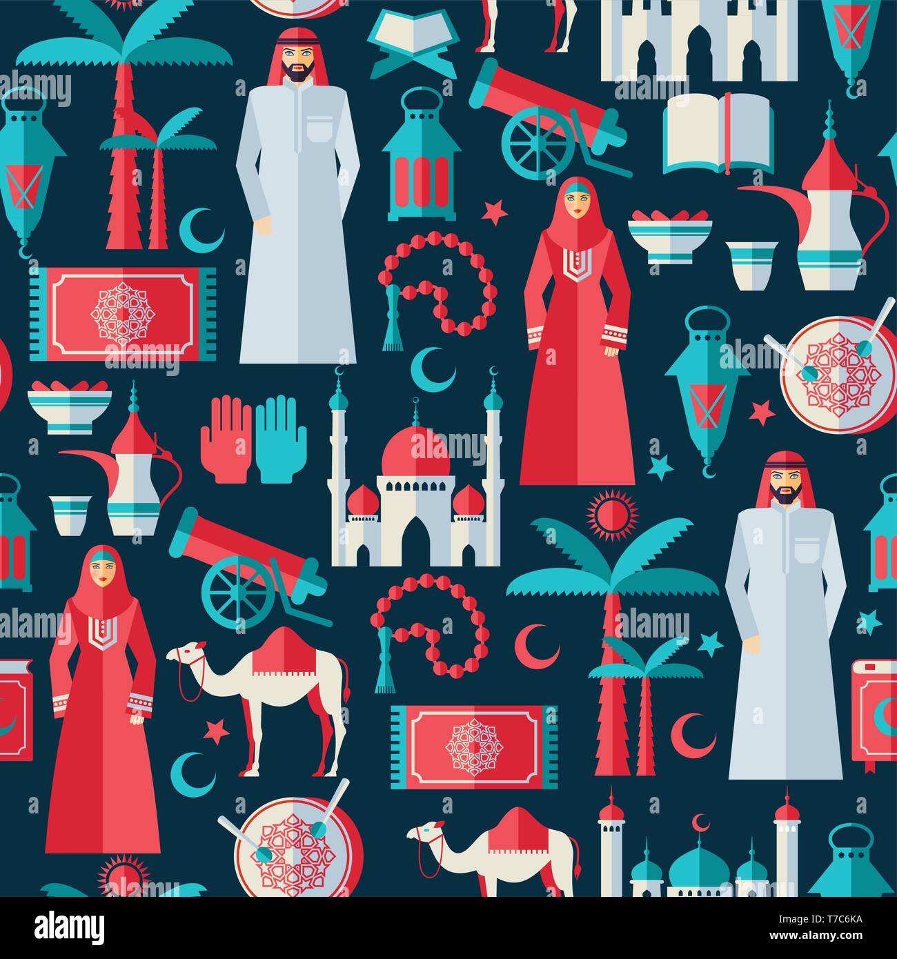 Ramadan Kareem icons set of Arabian flat design. Seamless pattern Stock ...