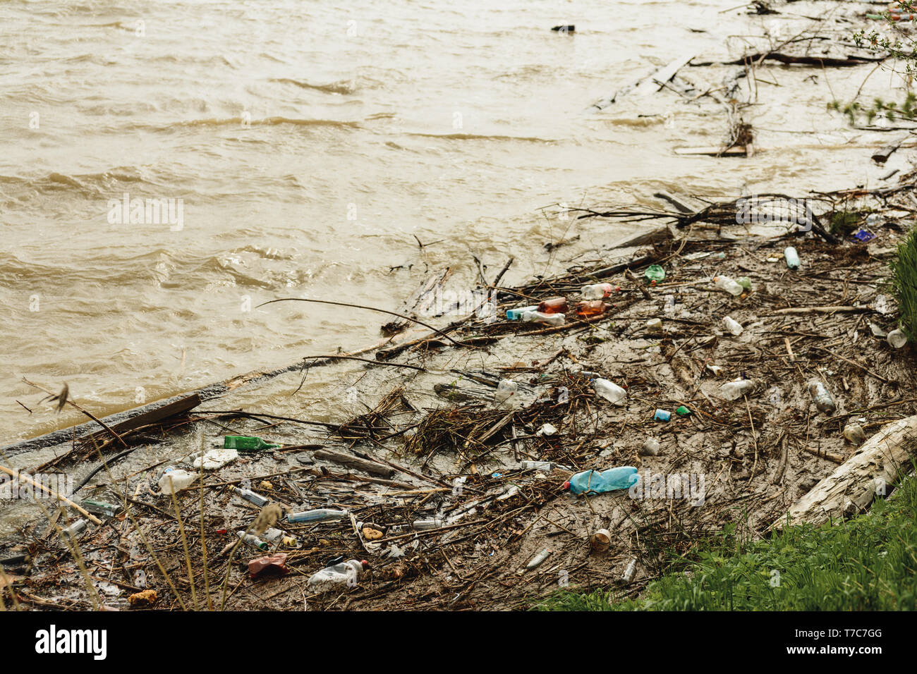 Plastic waste in the river, pollution and the environment in the water ...