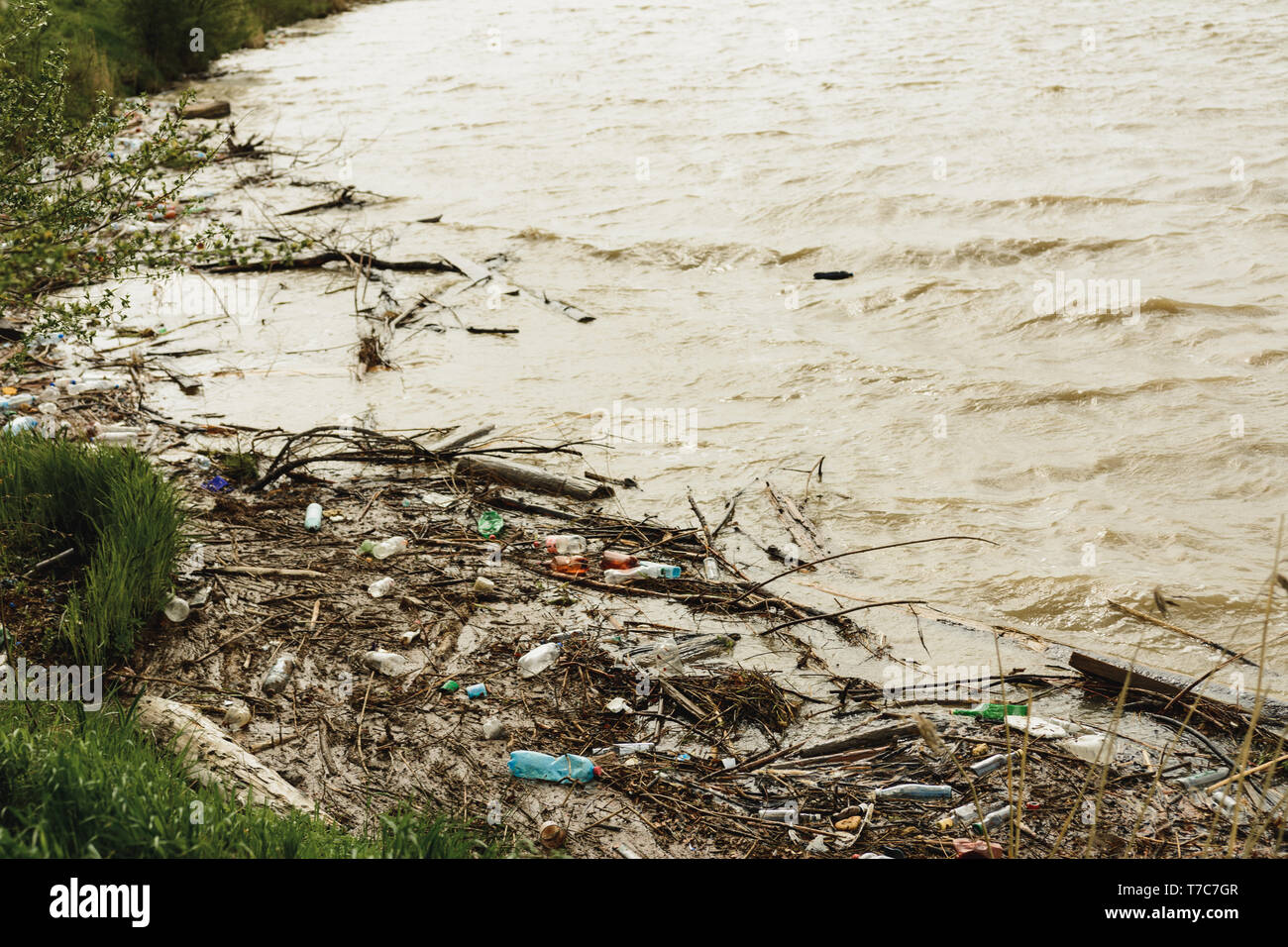Plastic waste in the river, pollution and the environment in the water ...