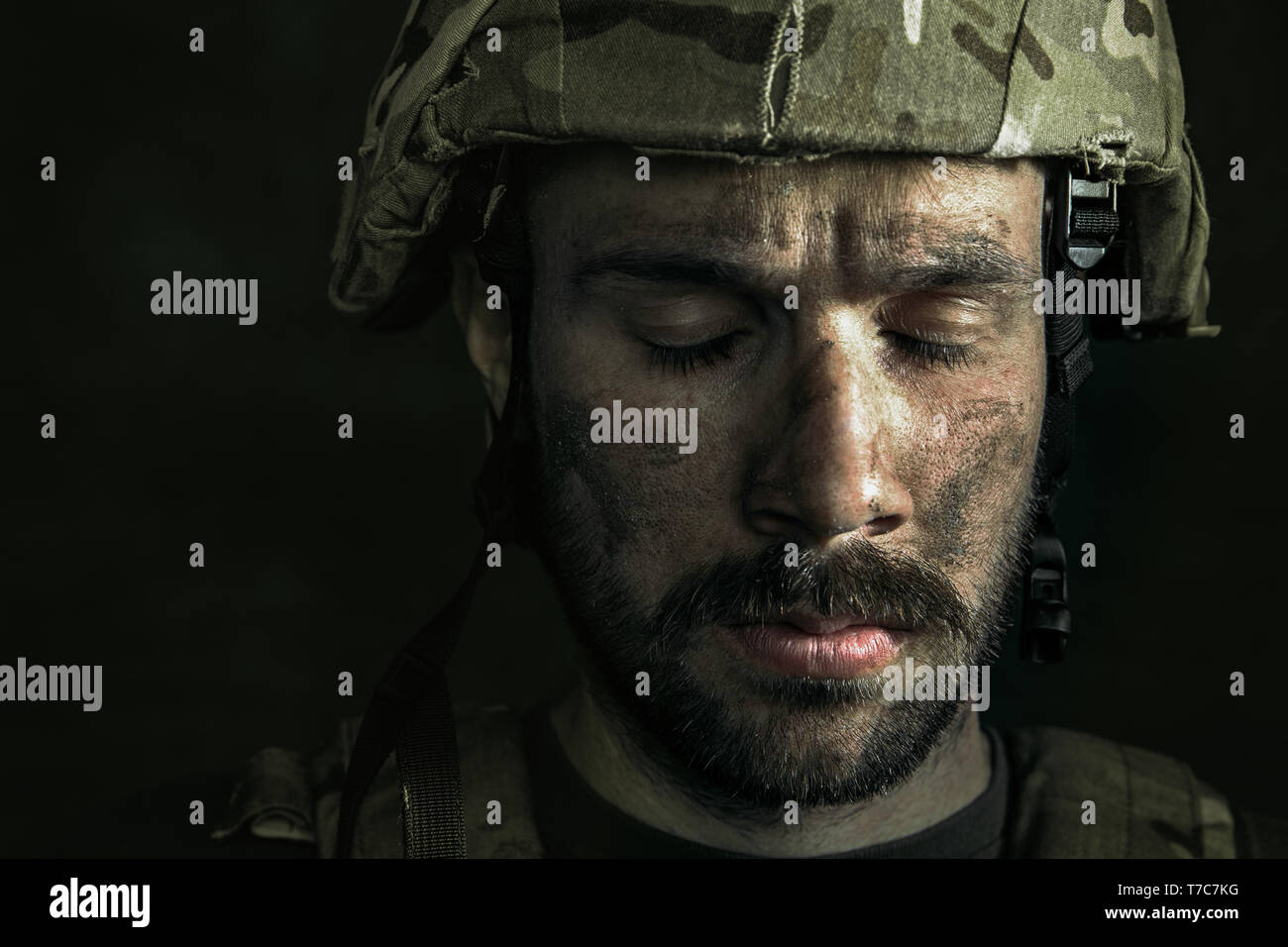 Losing sleep forever. Close up portrait of young male soldier. Man in ...