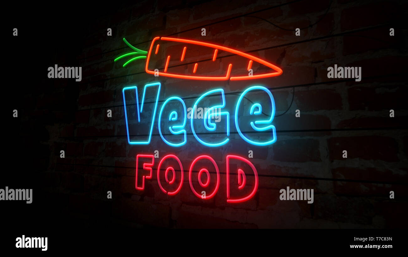 Vege food neon symbol on brick wall. Light bulbs with vegetarian ...