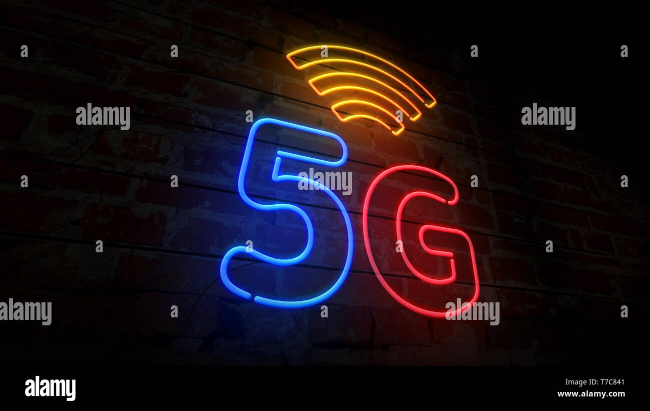 5G neon symbol on brick wall. Light bulbs with 5th generation of ...