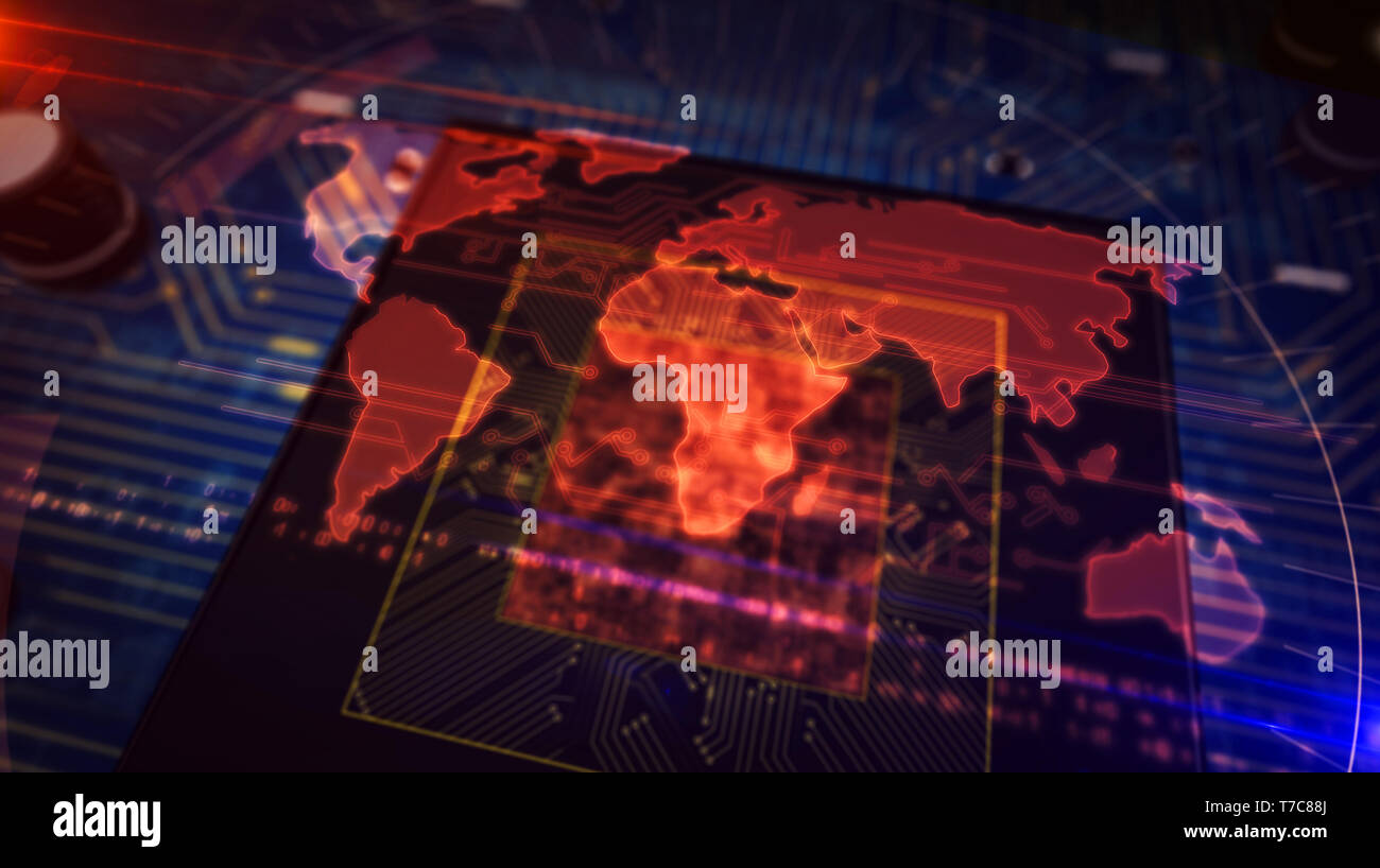 Cyber security concept with world map hologram over cpu in background ...