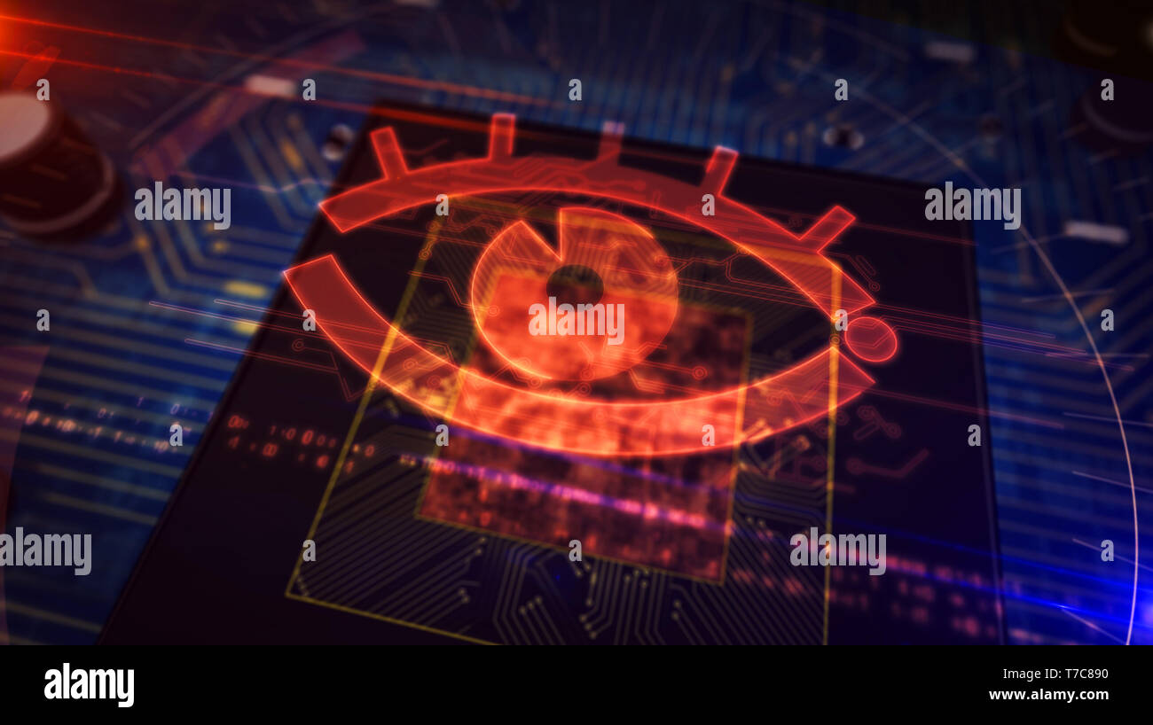 Cyber surveillance concept with spy eye hologram over cpu in background ...