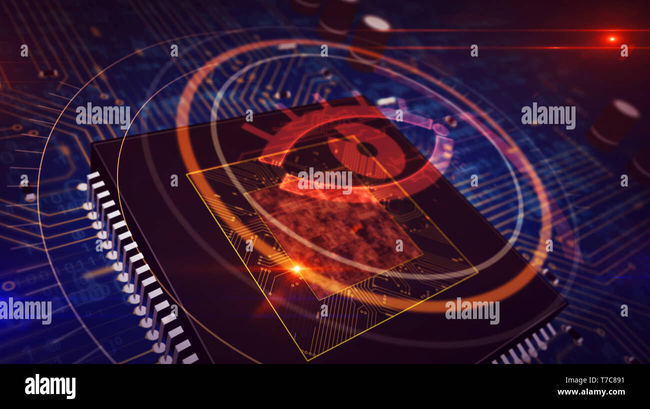 Cyber surveillance concept with spy eye hologram over cpu in background ...