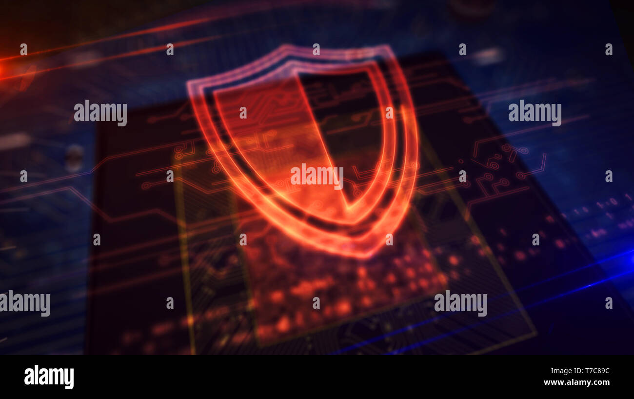 Cyber security concept with shield hologram over working cpu in background. Digital protection ...