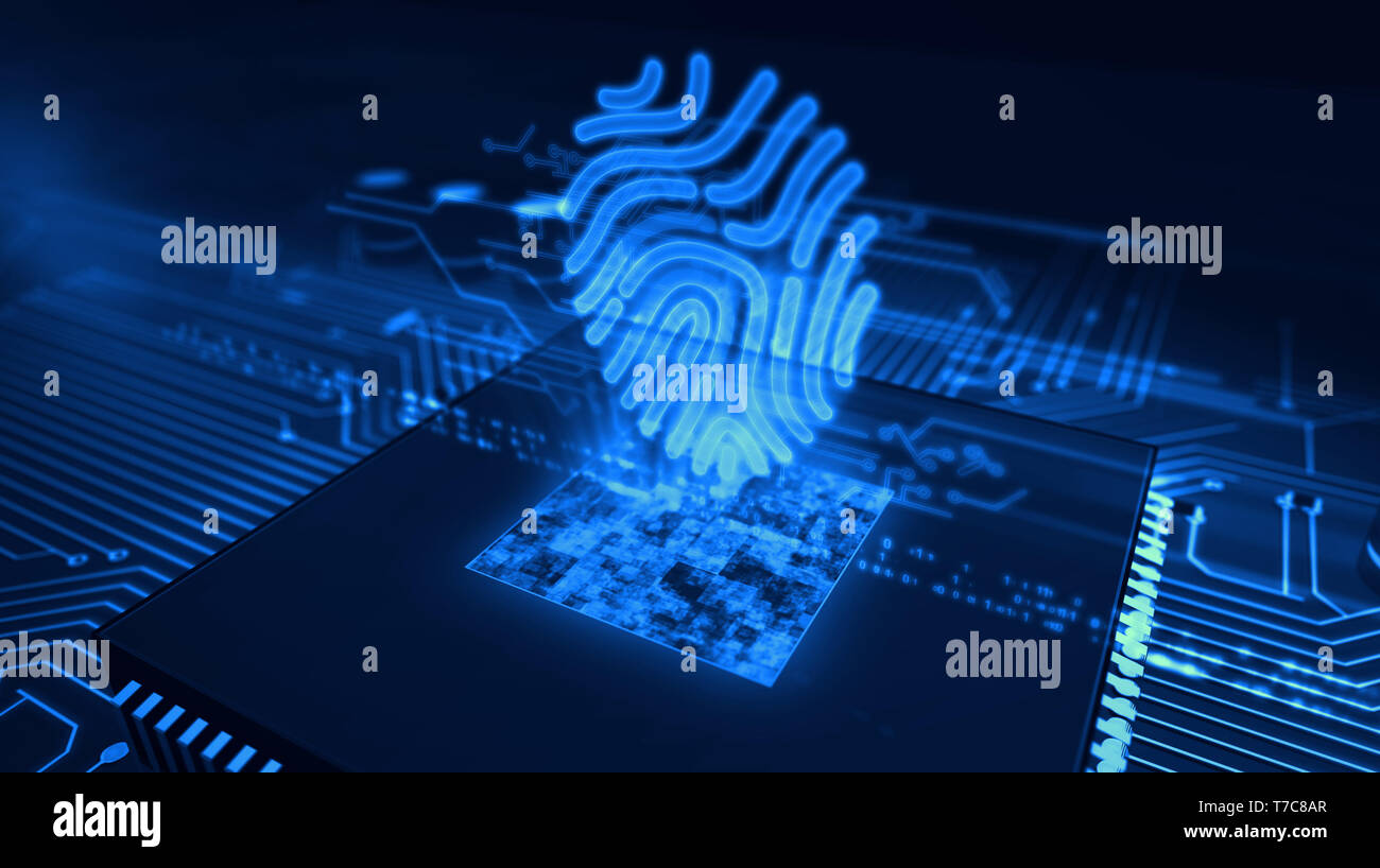 Cyber security concept with fingerprint hologram over working cpu in ...
