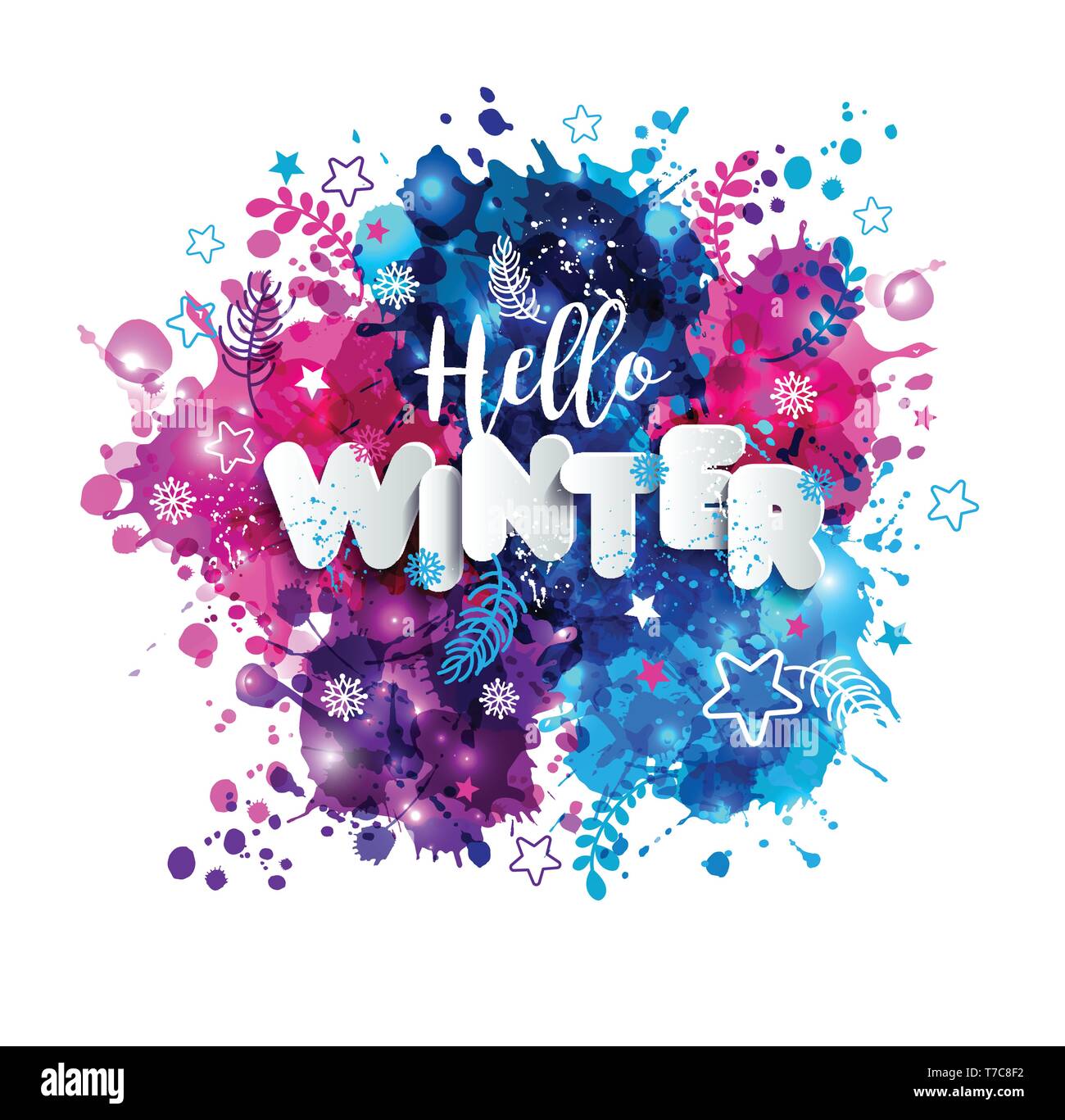 Signs hello winter in paper style on multicolor hand drawn blots ...