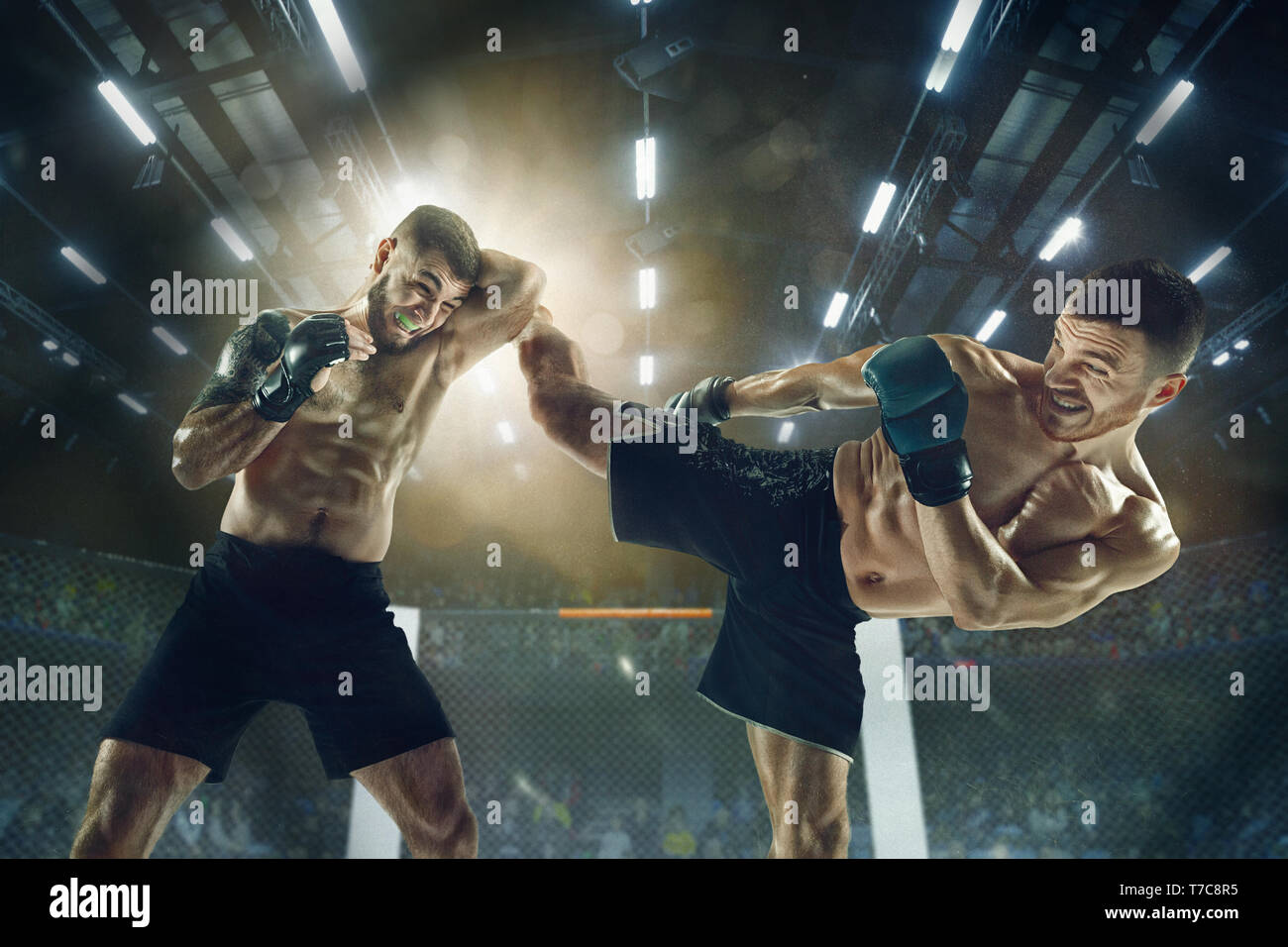Hit for one step to the win. Two professional fighters posing on the ...