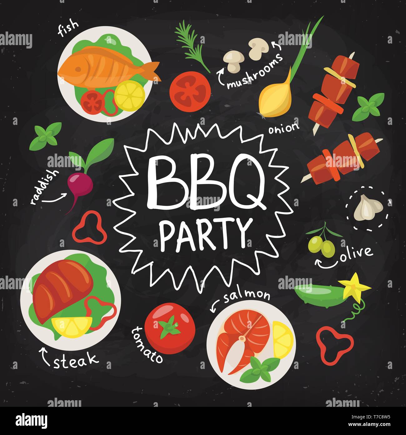 Vector chalkboard BBQ party food poster in flat style Stock Vector ...