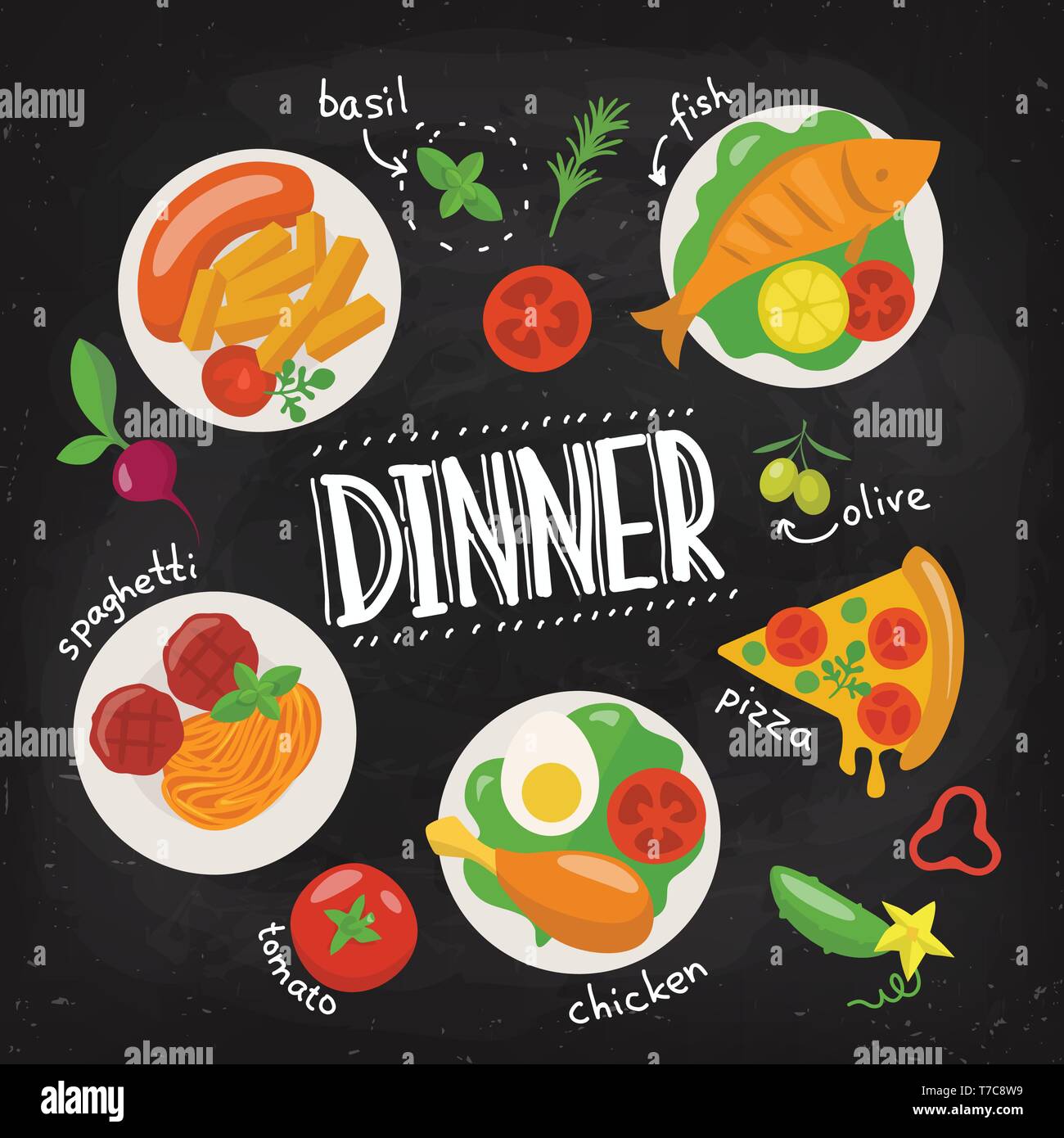 Vector chalkboard food poster with dinner elements in flat style Stock ...