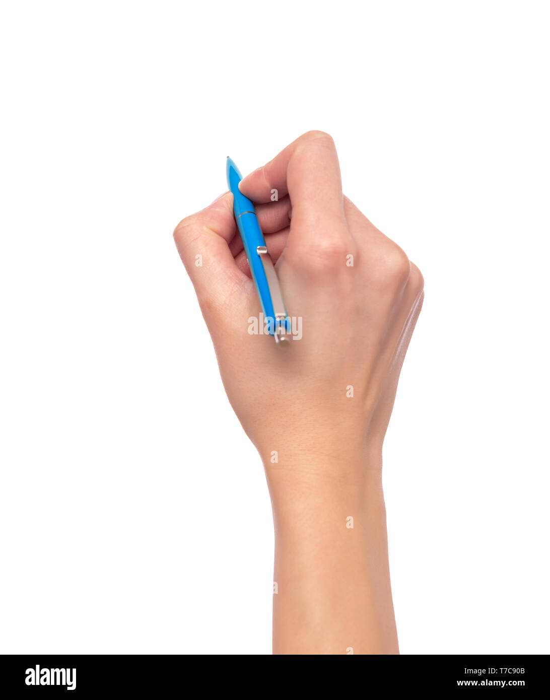 Female hand holding a pen on white background Stock Photo - Alamy
