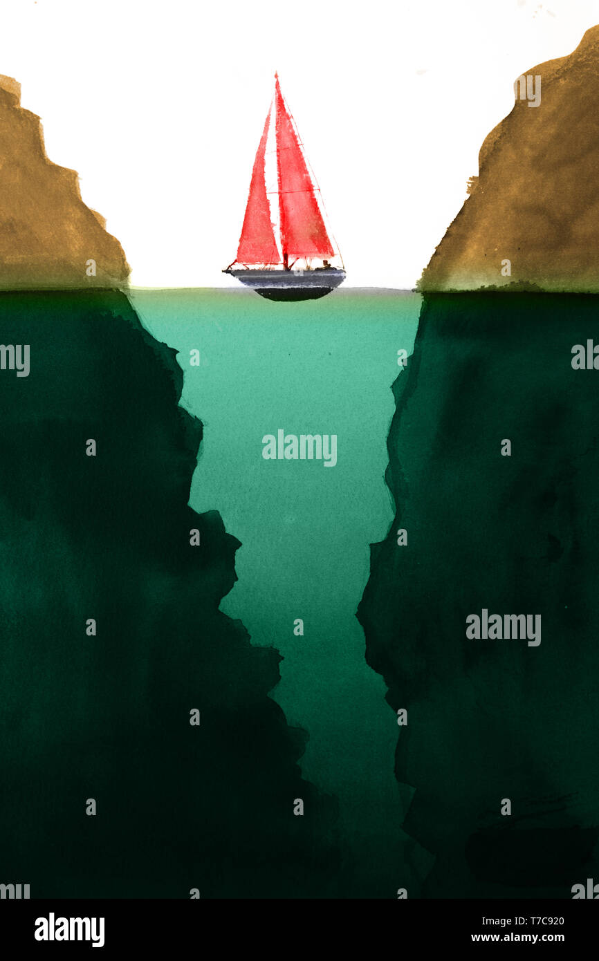 Surreal artwork with sailboat between two cliffs floating on green ...