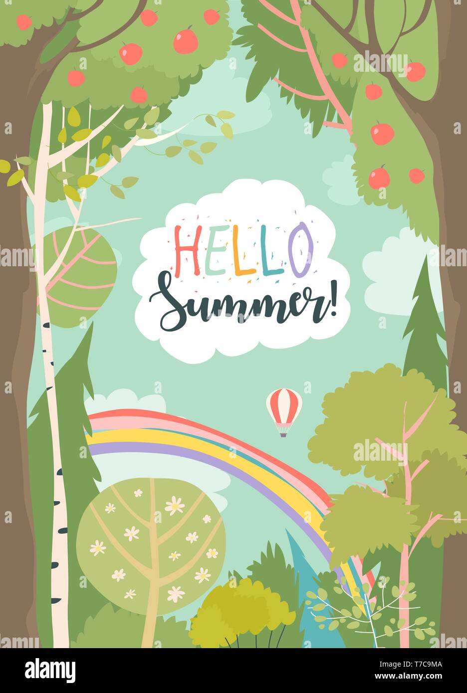 Cartoon frame with summer forest and rainbow Stock Vector Image & Art ...