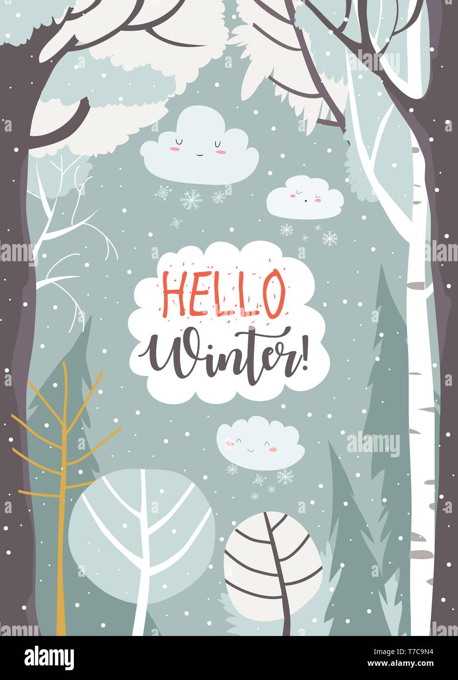 Cartoon frame with winter forest. Hello winter Stock Vector Image & Art ...