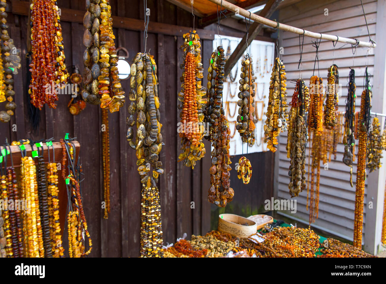 Amber necklaces and souvenirs at the street bazaar on promenade Stock ...