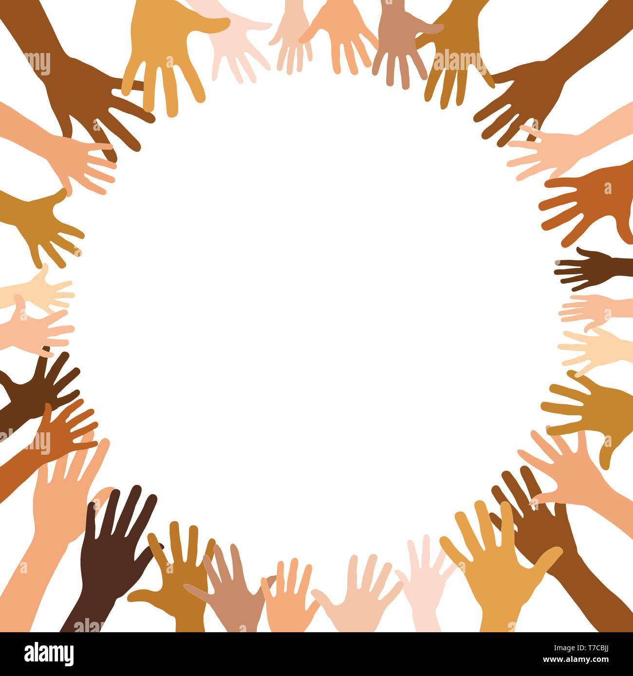 Group of outstretched multicultural hands forms a circle with copy ...