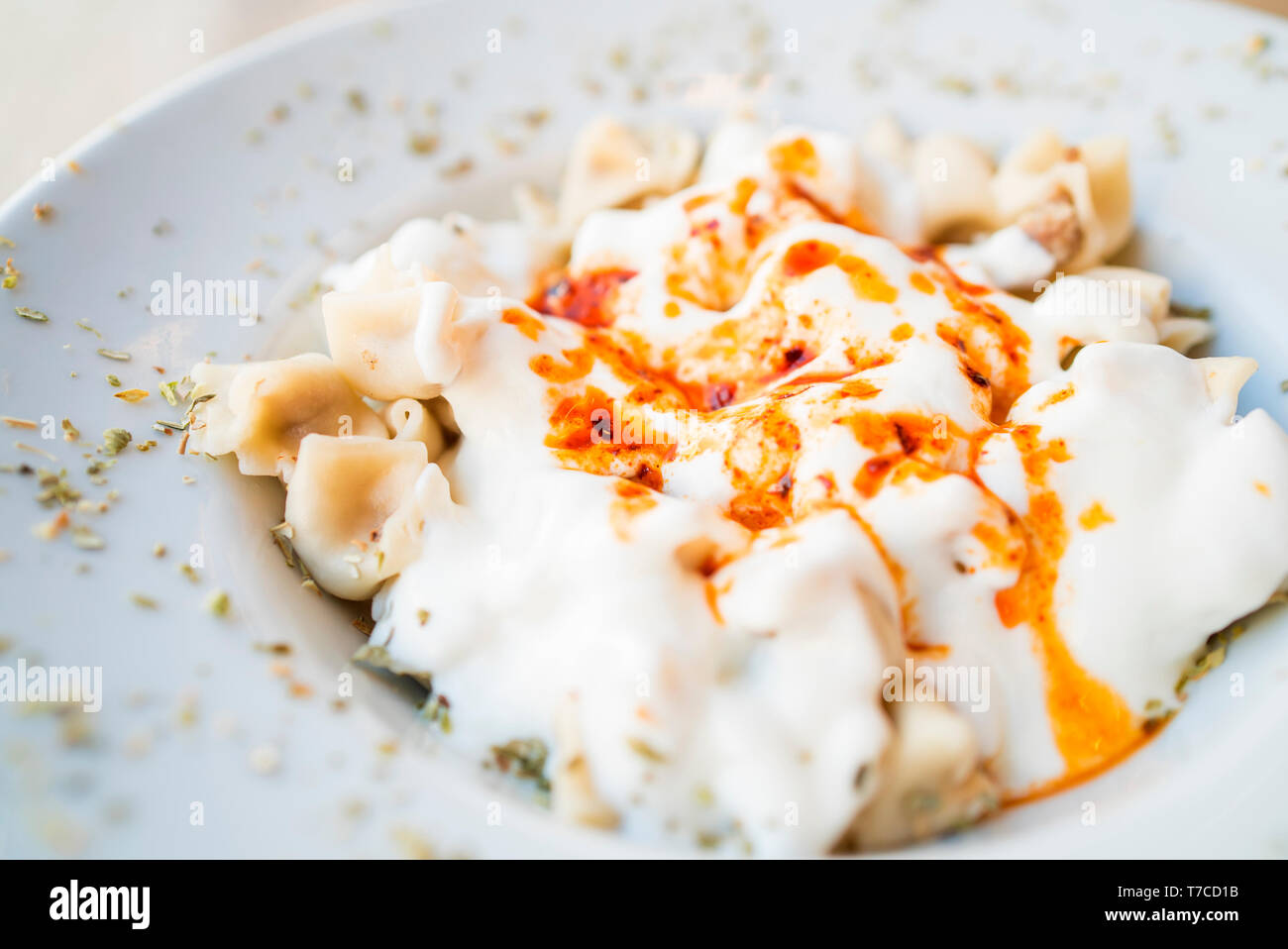 Turkish Mant, traditional turkish food, sauce with yogurt on the ...