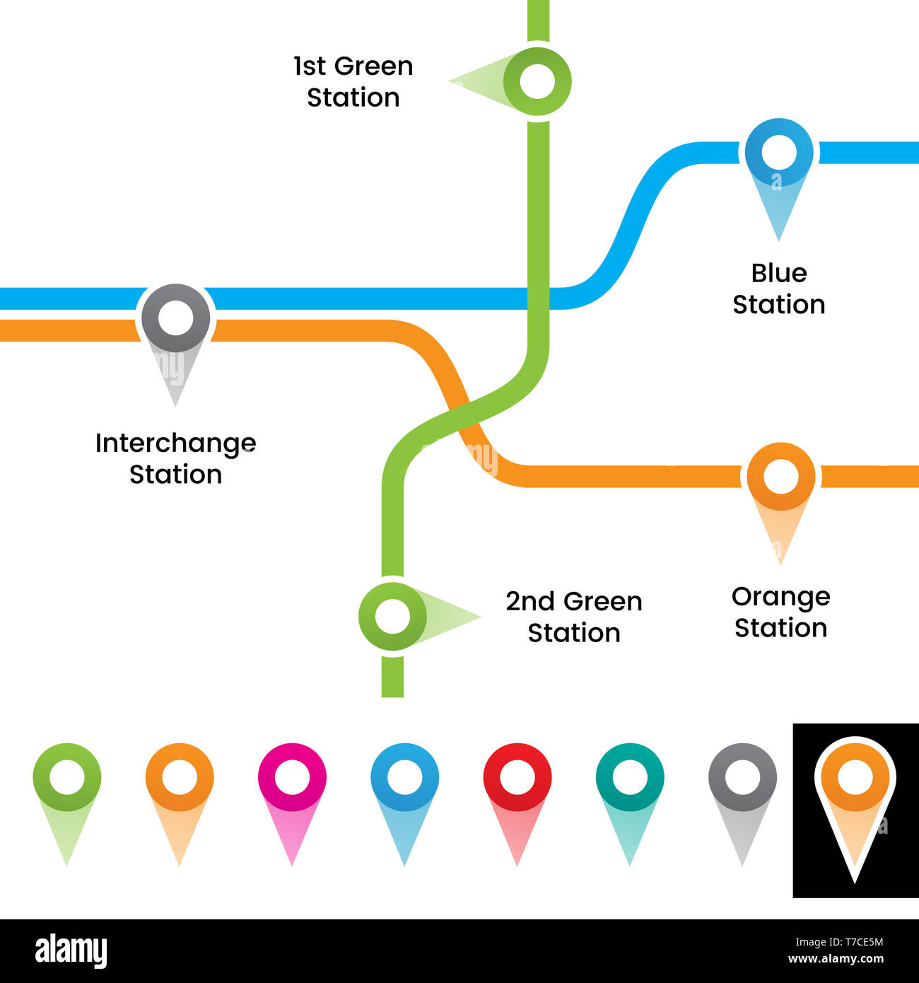 Vector Illustration of Colorful Metro Station Markers isolated on a ...