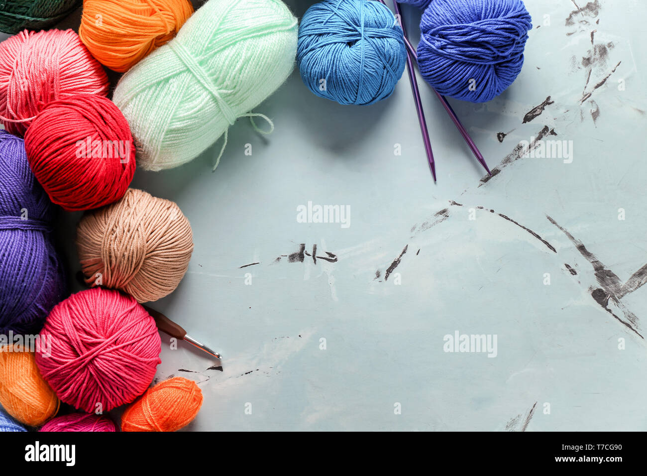 Colorful knitting yarn on table Stock Photo - Alamy