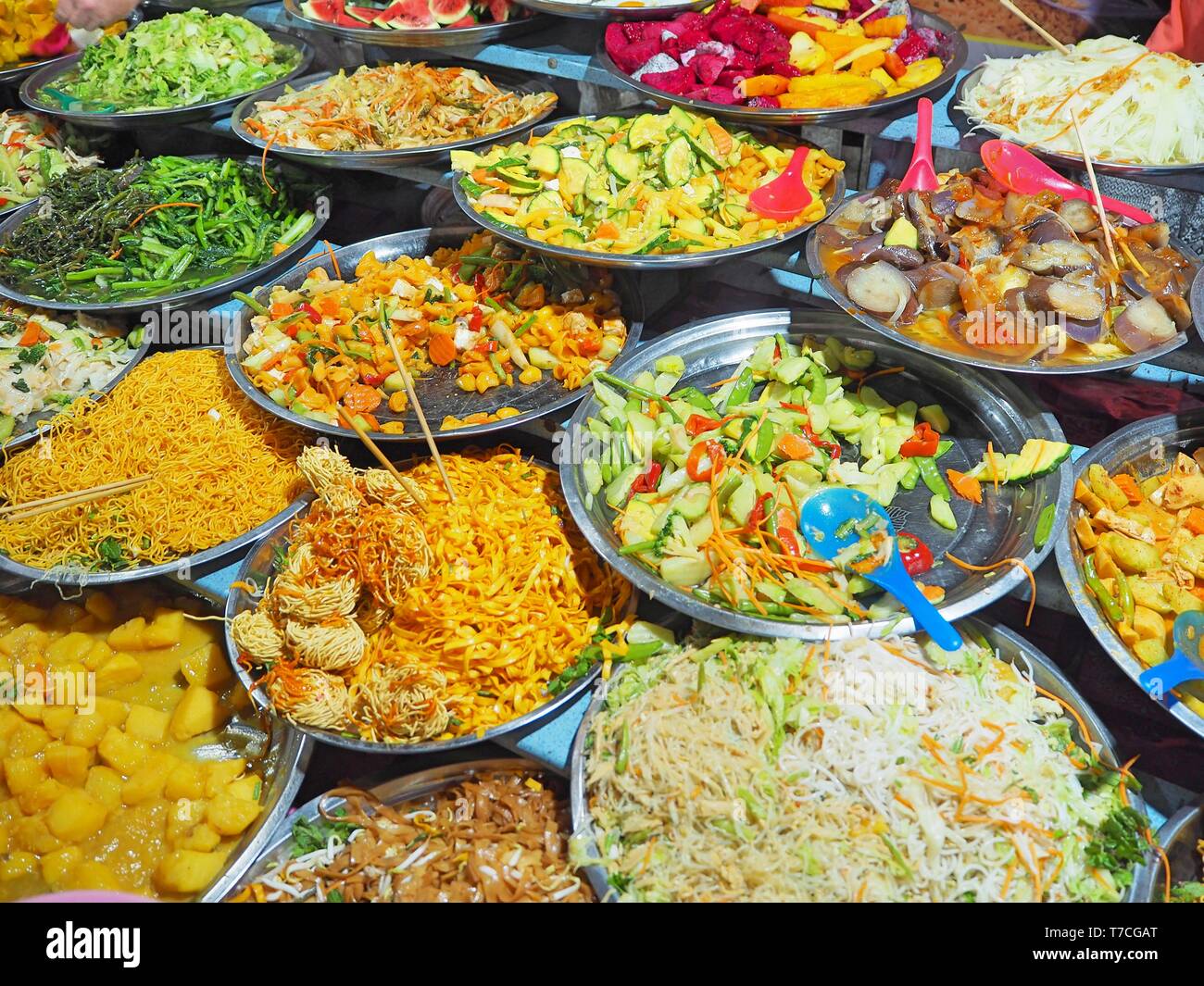 Vegetarian buffet menu on the street market in Luang Prabang in Laos ...
