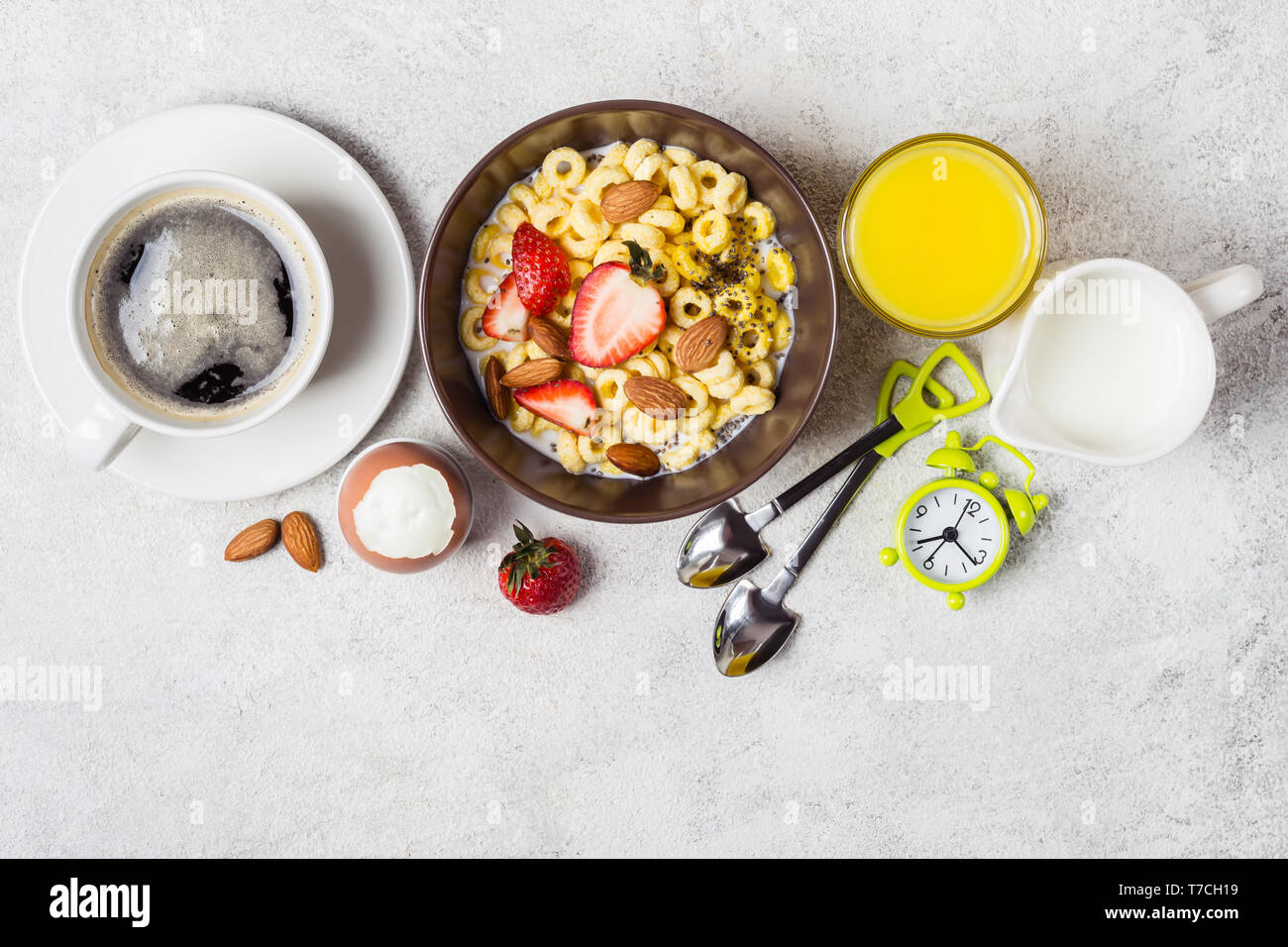 Balanced traditional breakfast concept. Whole grain rings, coffee ...