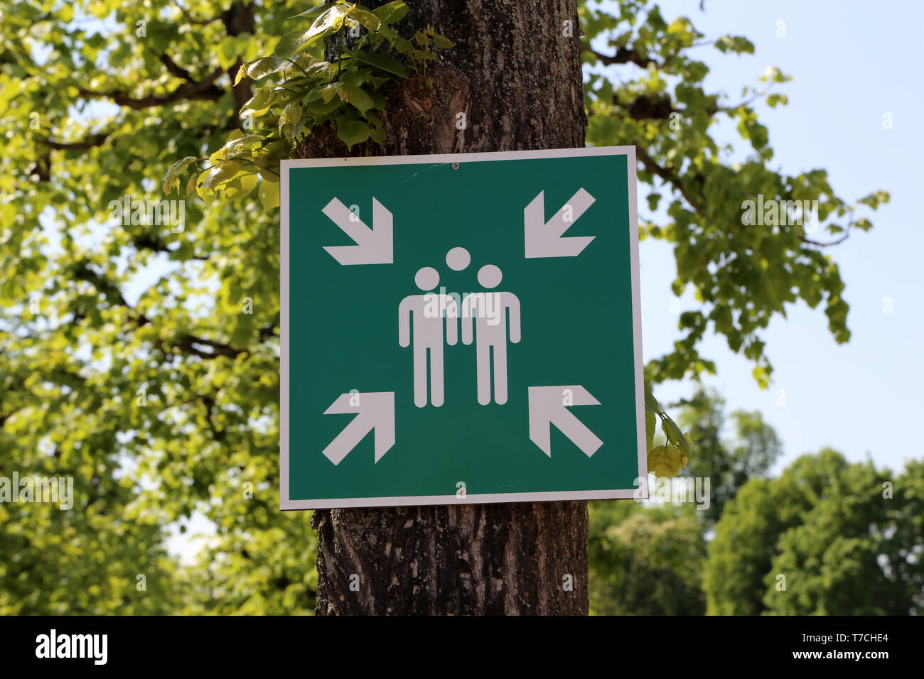 White assembly point sign on hi-res stock photography and images - Alamy