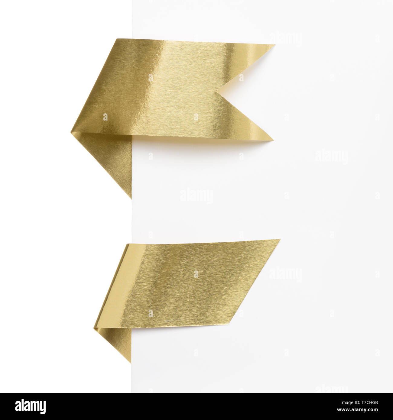 Gold foil label ribbons on white paper corner border isolated Stock ...