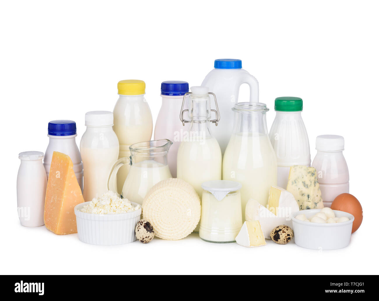 Assortment of various dairy products cheese milk and eggs isolated on ...