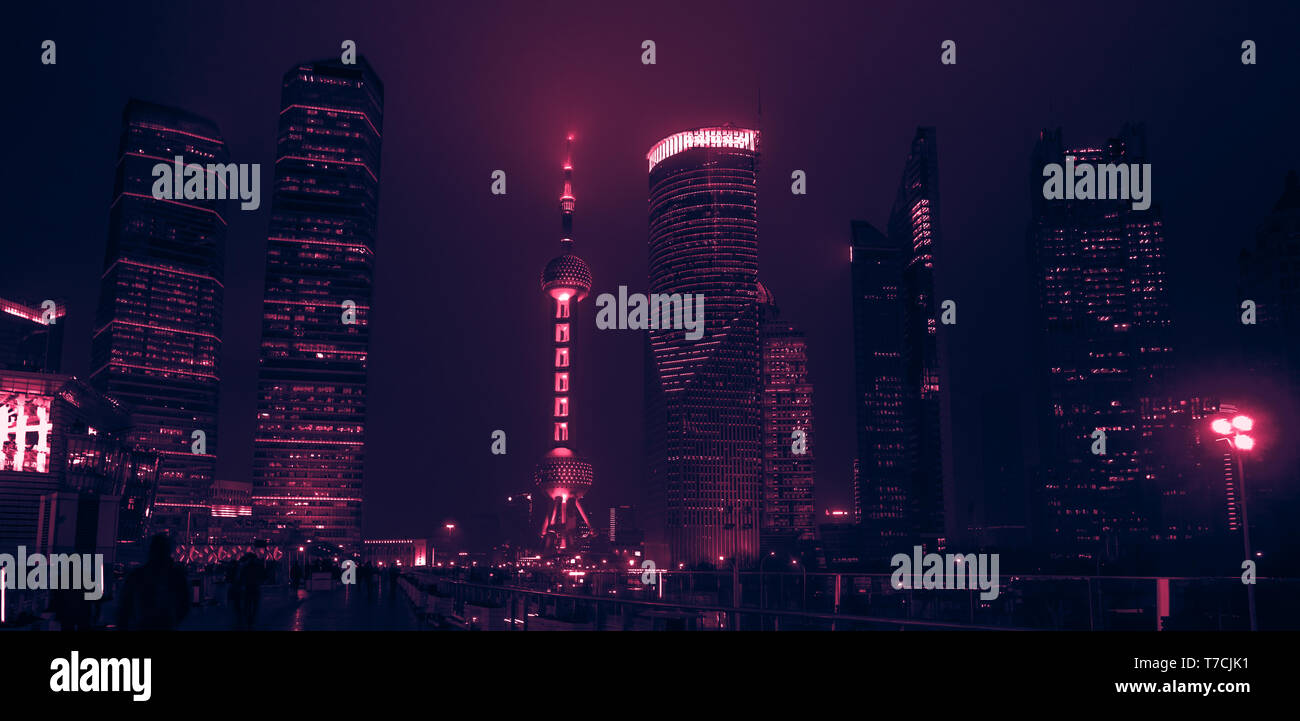 Shanghai Bund Skyline at night. Skyscrapers of Shanghai in night ...