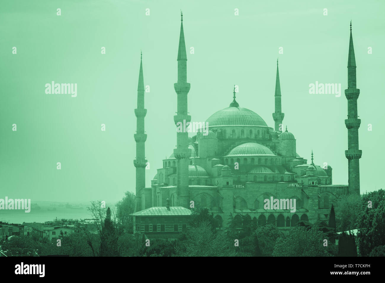 Minarets and domes of Blue Mosque with Bosporus and Marmara sea in ...
