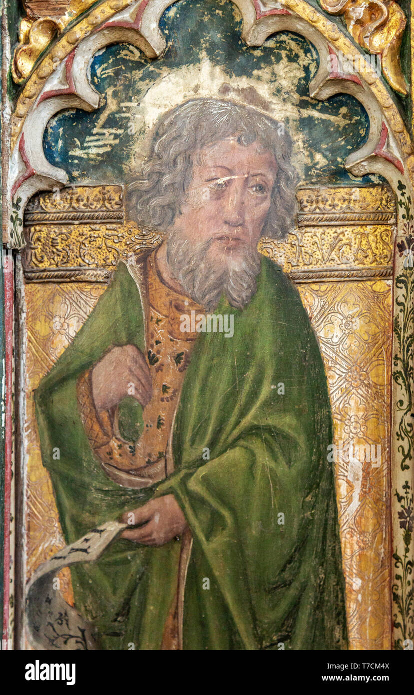 Medieval paintings of saints on rood screen inside church of Saint ...