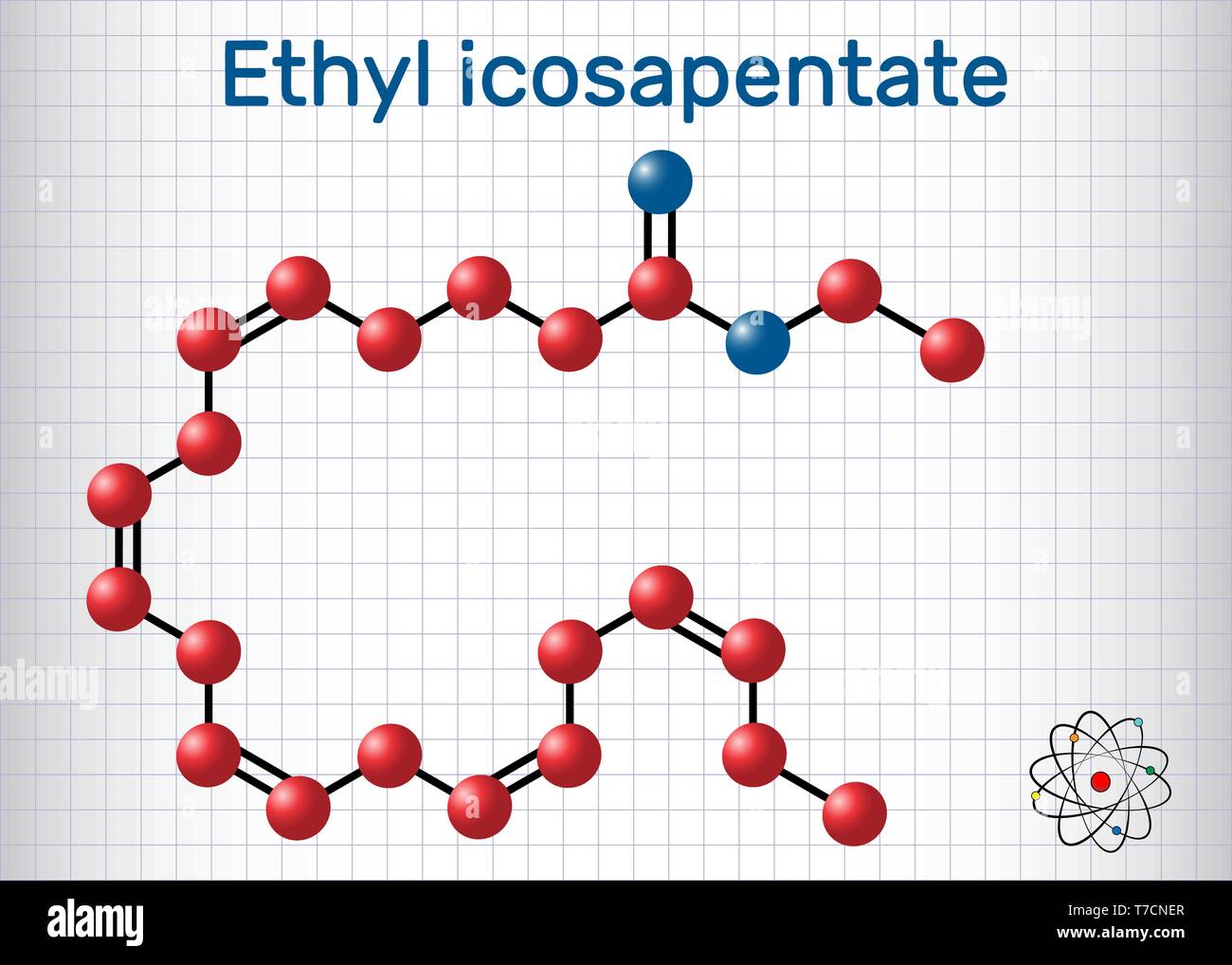Ethyl eicosapentaenoic acid (icosapent ethyl) molecule. Structural ...