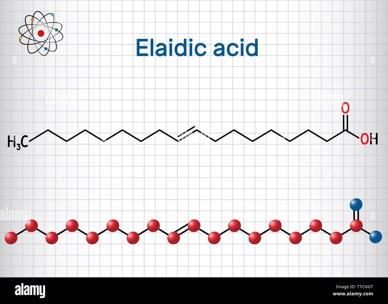 Elaidic acid molecule. Structural chemical formula and molecule model ...