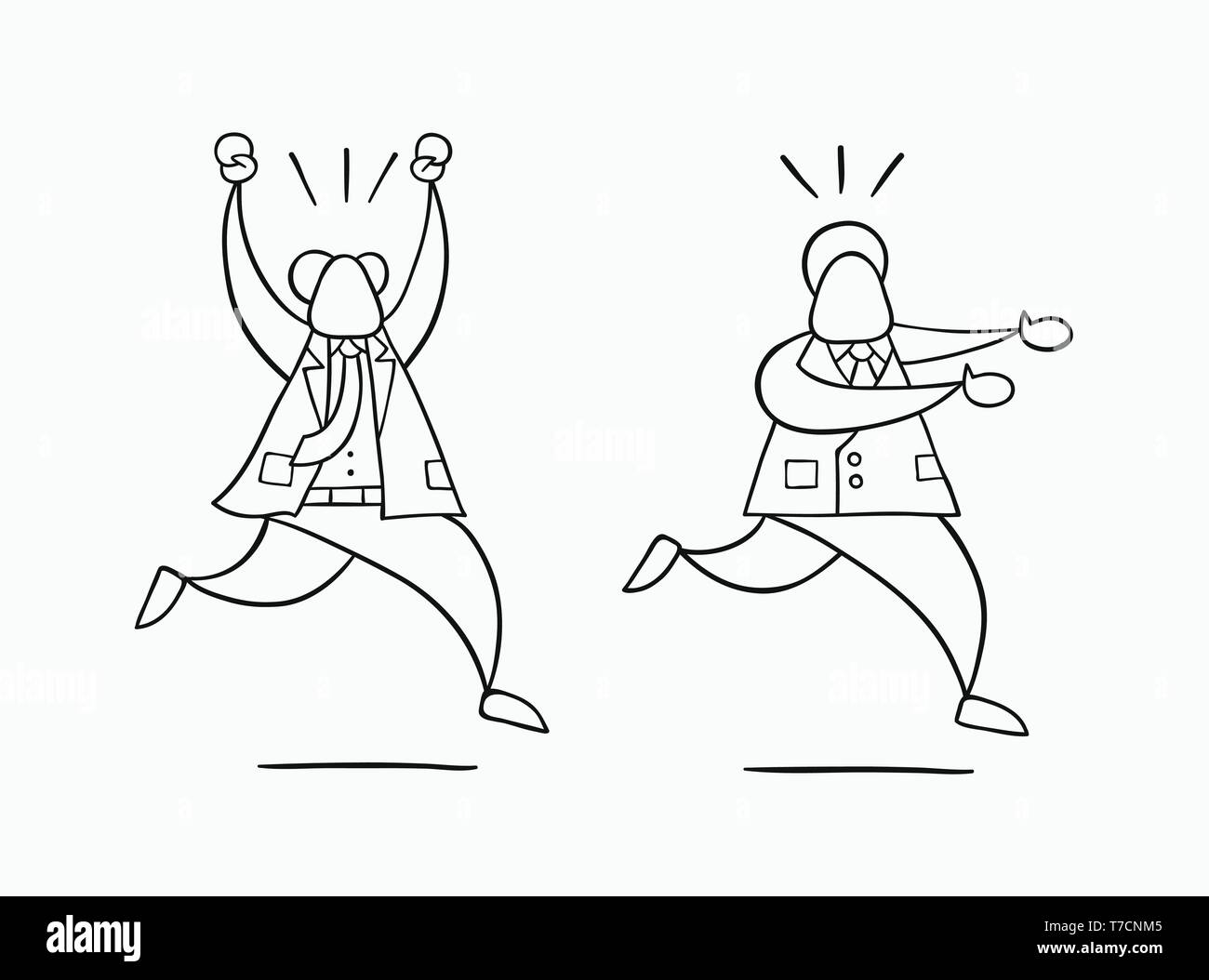 Hand-drawn vector illustration businessman worker runs away from angry ...