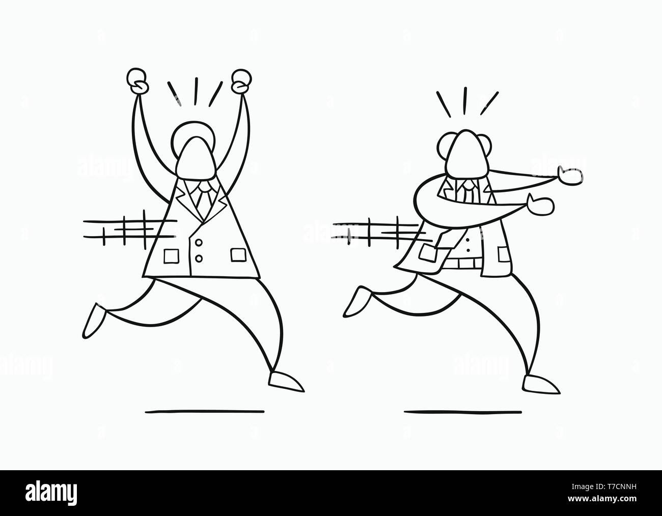 Hand-drawn vector illustration boss runs away from angry businessman ...