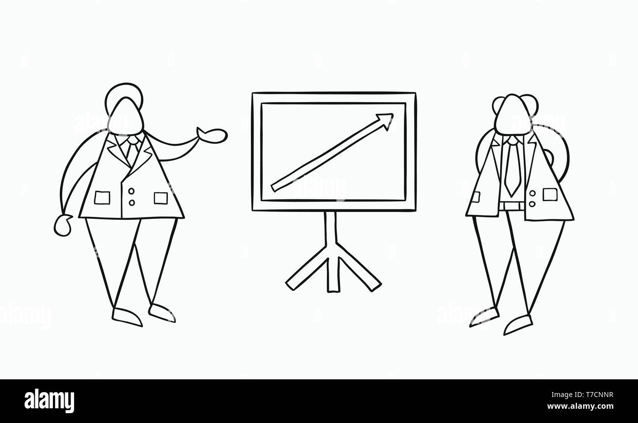 Hand-drawn vector illustration businessman worker showing sales chart ...