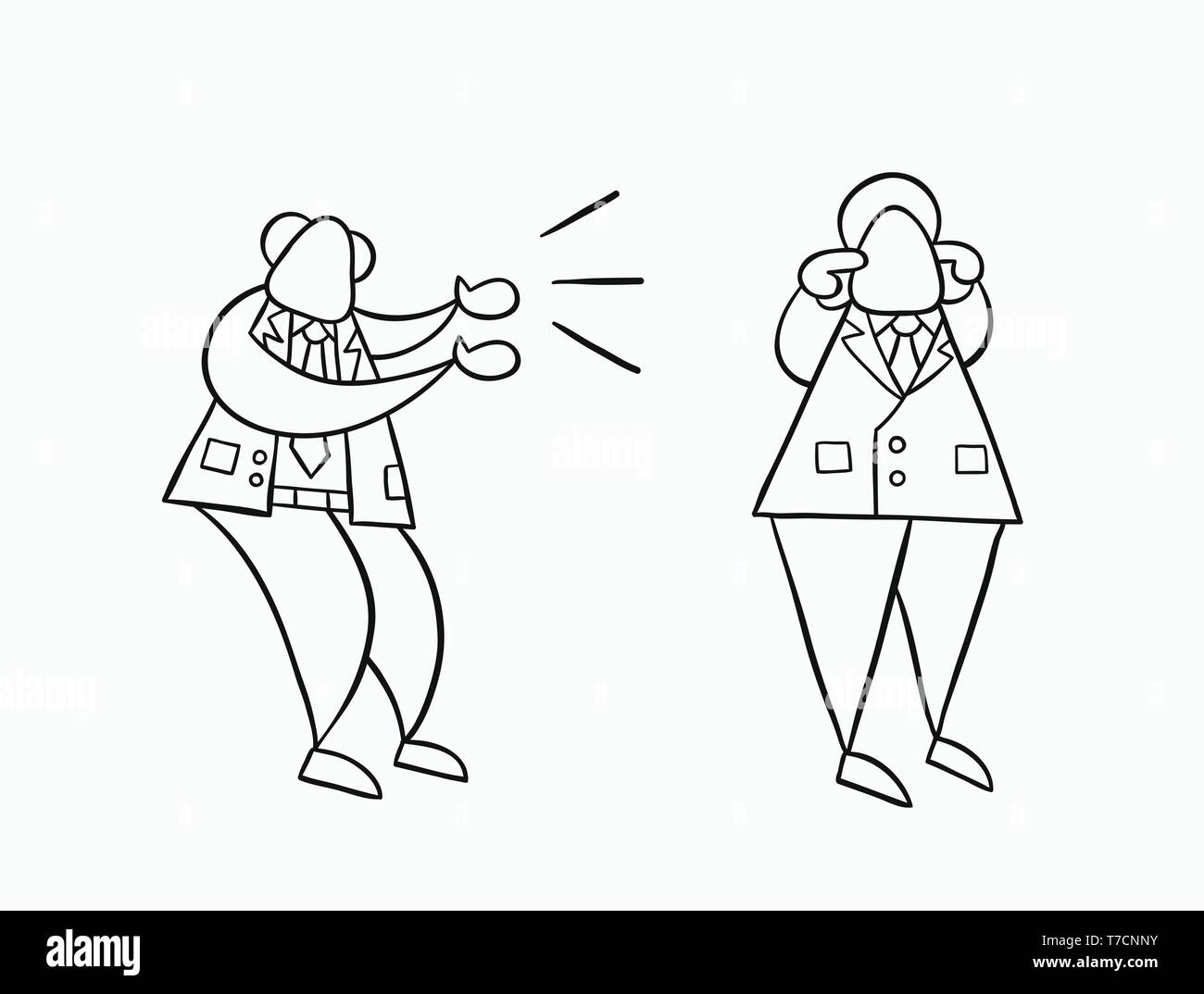 Hand-drawn vector illustration angry boss yelling at businessman worker ...