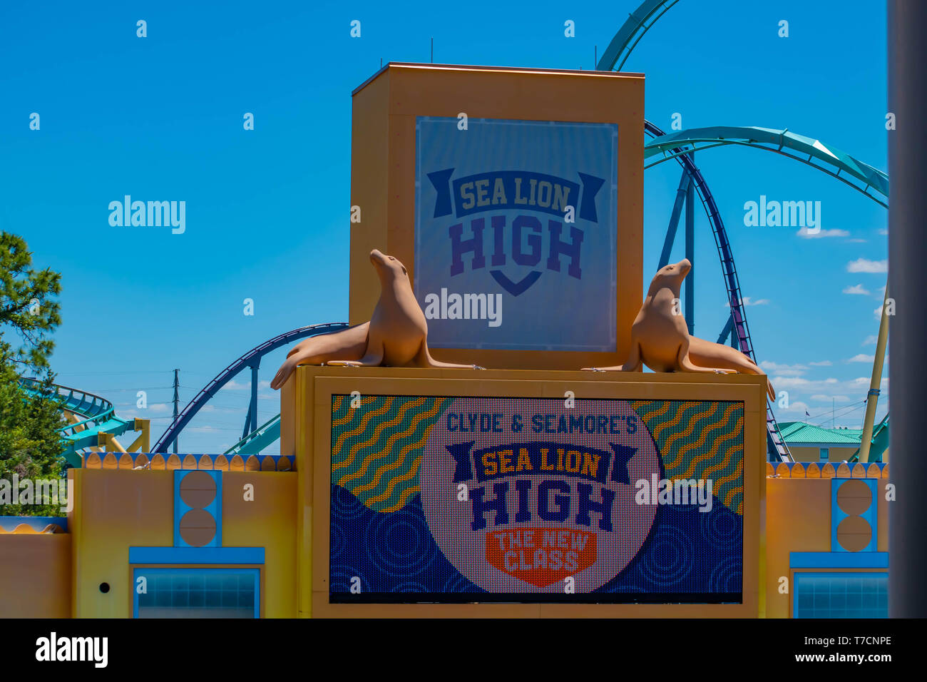 Orlando, Florida. April 20, 2019. Sea Lion High The New Class show sign ...