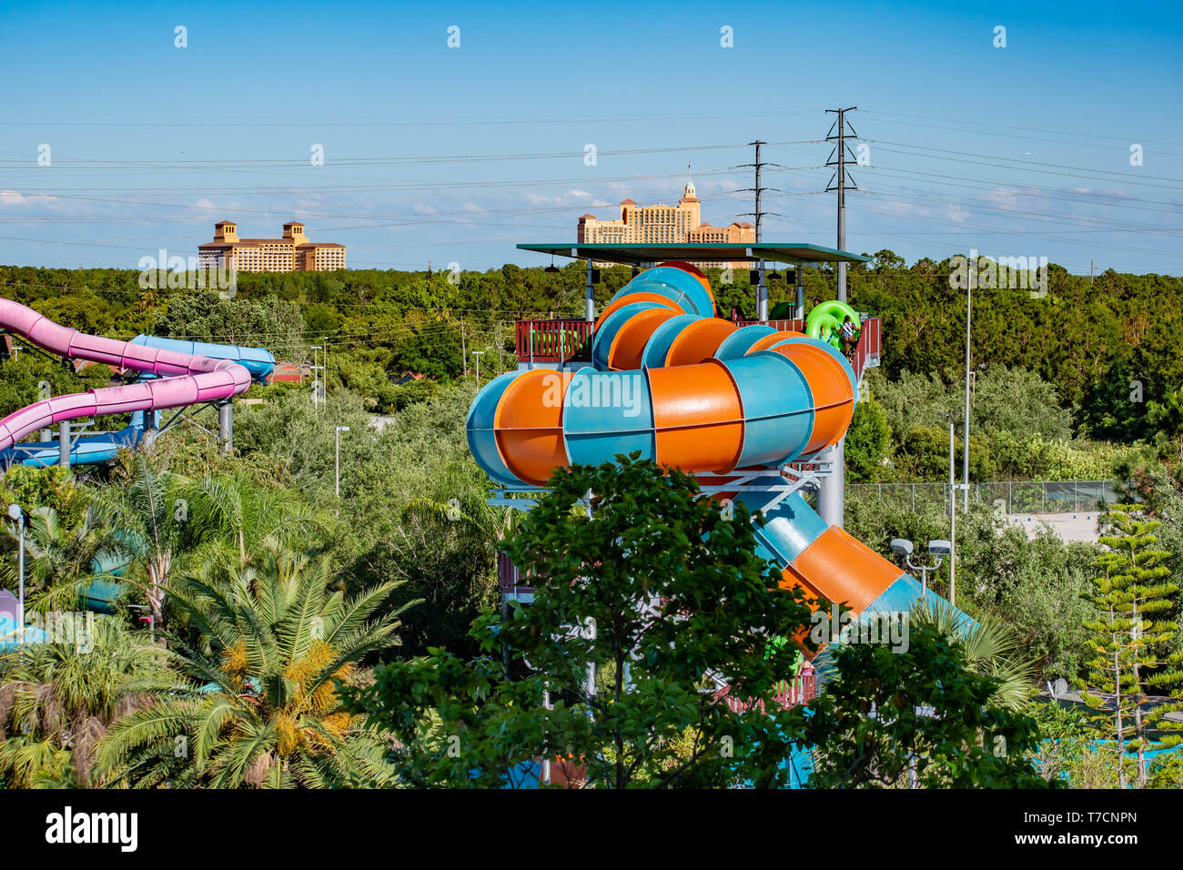 Orlando, Florida. April 20, 2019. Top view of Aquatica water park, Ritz ...