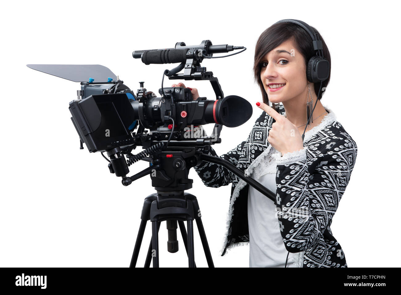 young woman with professional video camera, dslr, isolated on the white ...