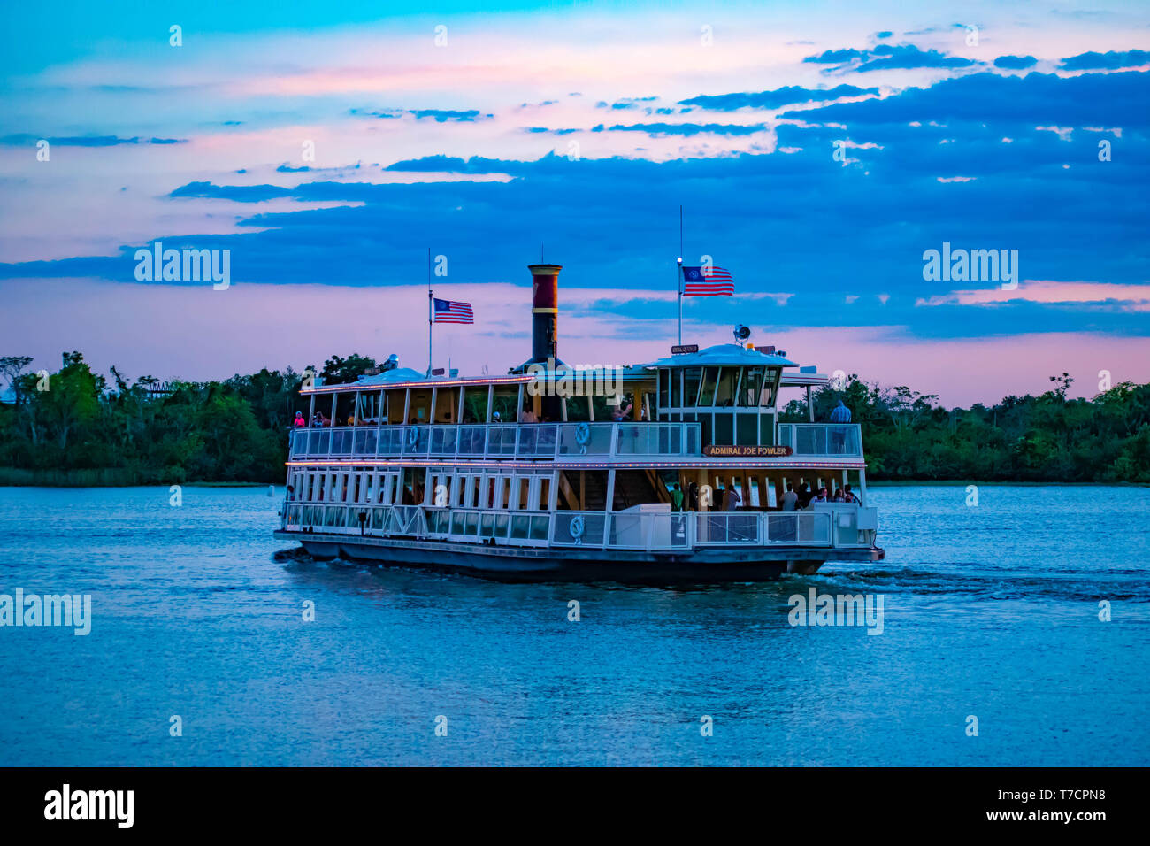 Orlando, Florida. April 23, 2019. Disney Ferry boat in blue lake on ...
