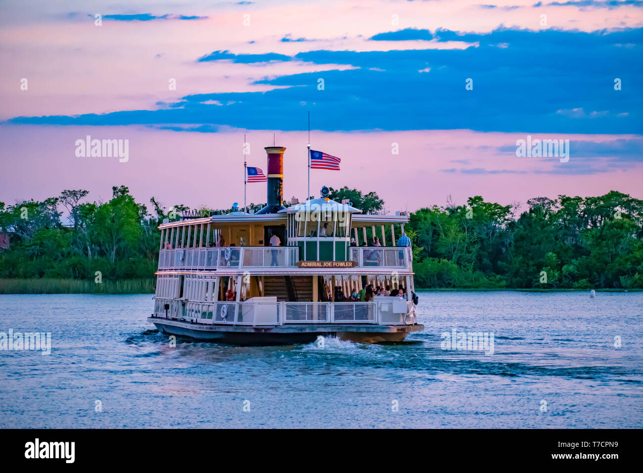 Orlando, Florida. April 23, 2019. Disney Ferry boat in blue lake on ...