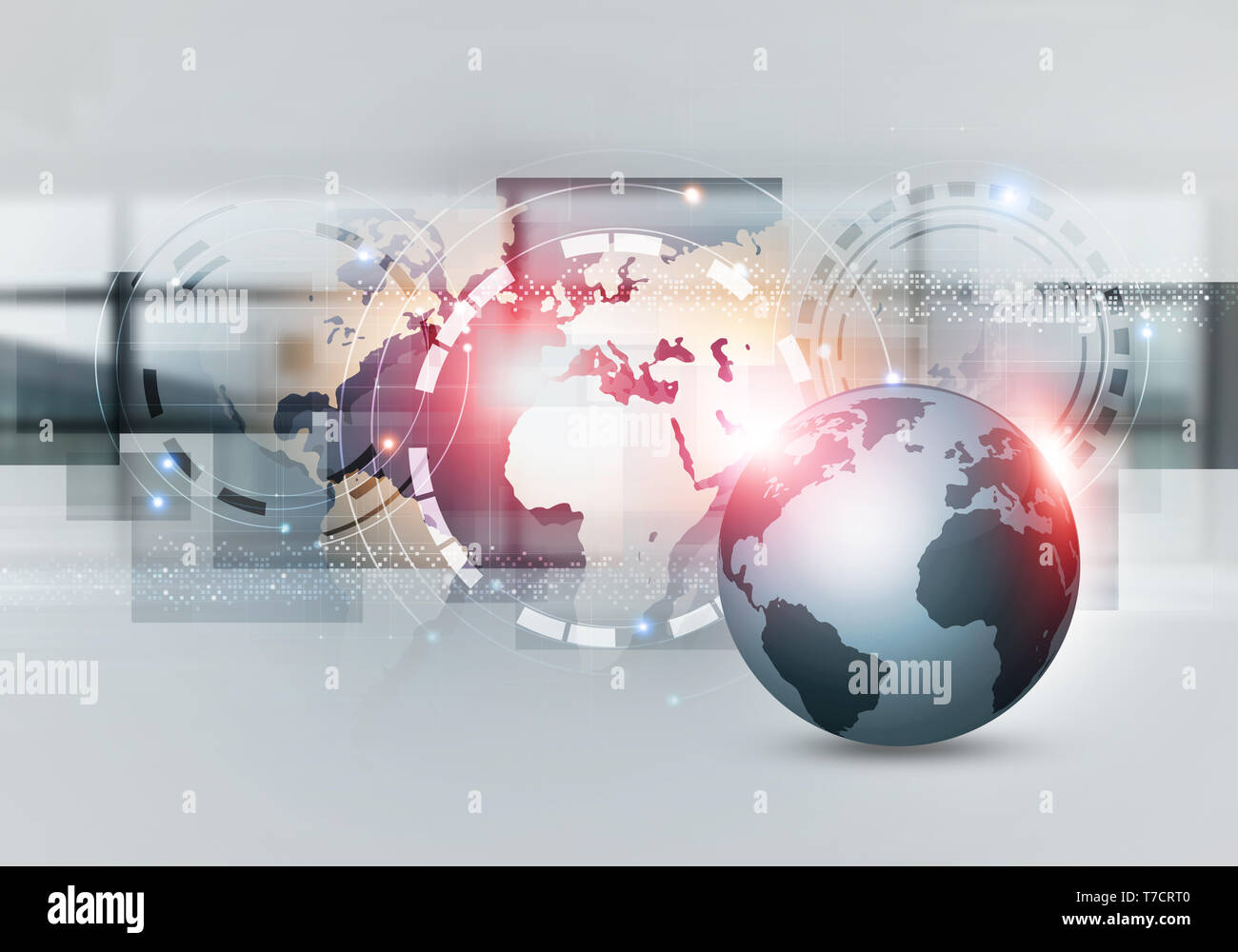 technology web interface connections background on world map. mixed ...