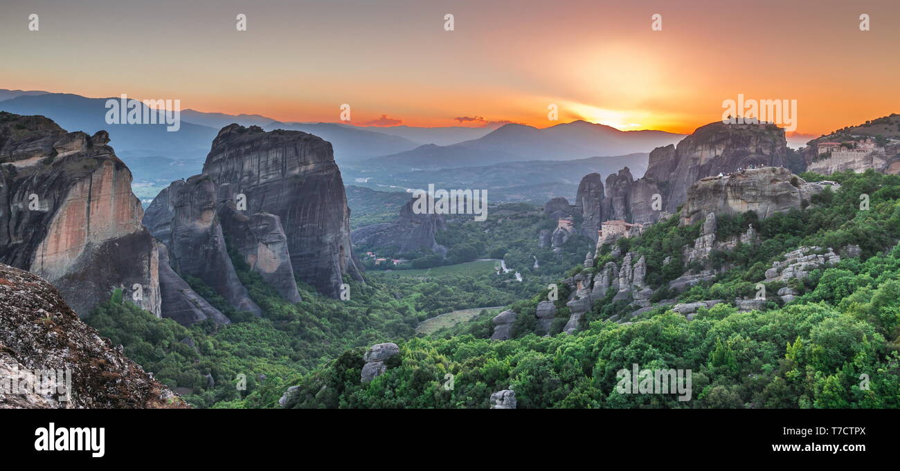 Panoramic sunset view of the Meteora Monasteries near Kalambaka town in ...
