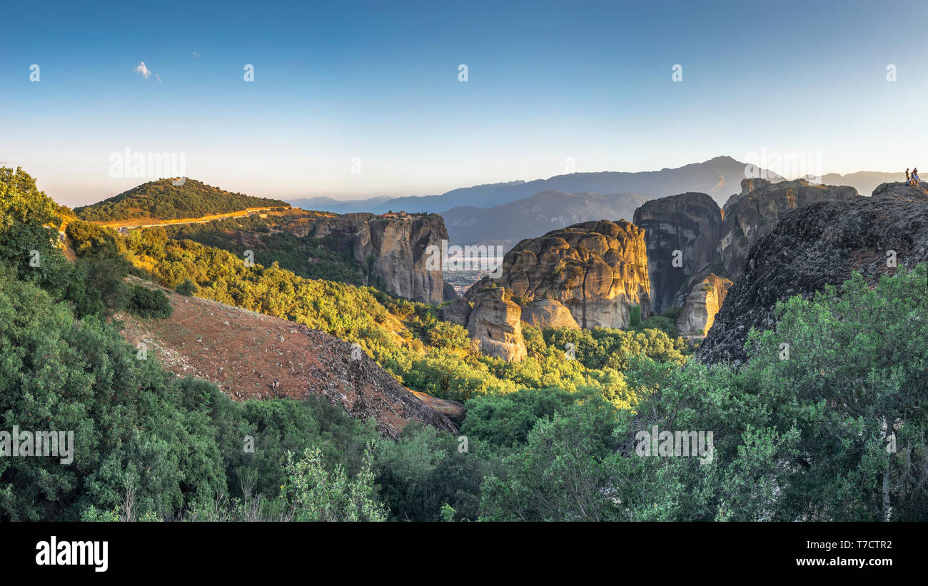 Panoramic sunset view of the Meteora Monasteries near Kalambaka town in ...