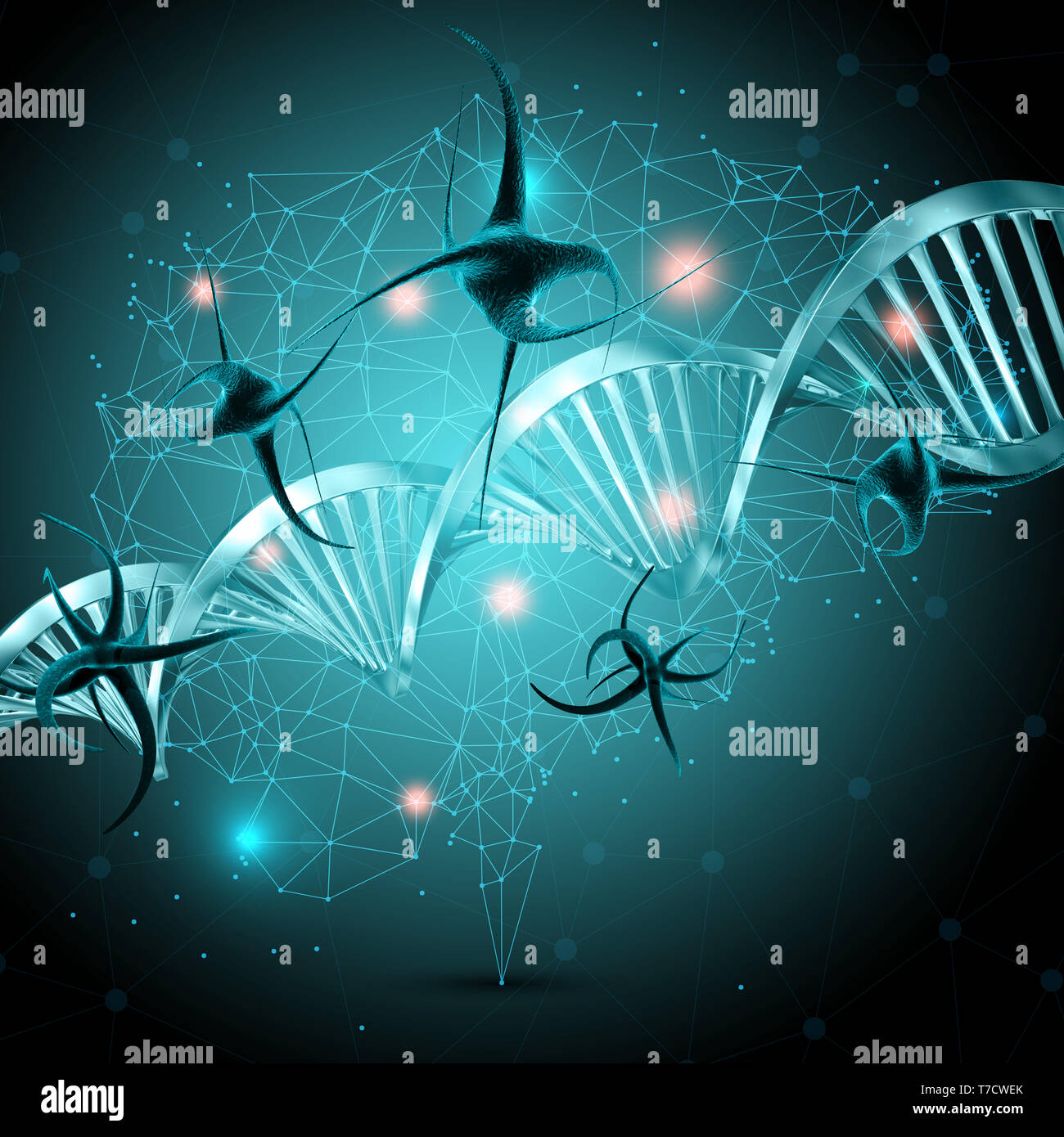 3D render of a medical background with low poly brain, DNA strands and ...